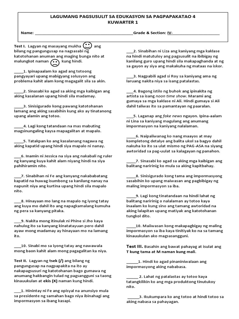 Summative Test ESP 4 - Q1 | PDF