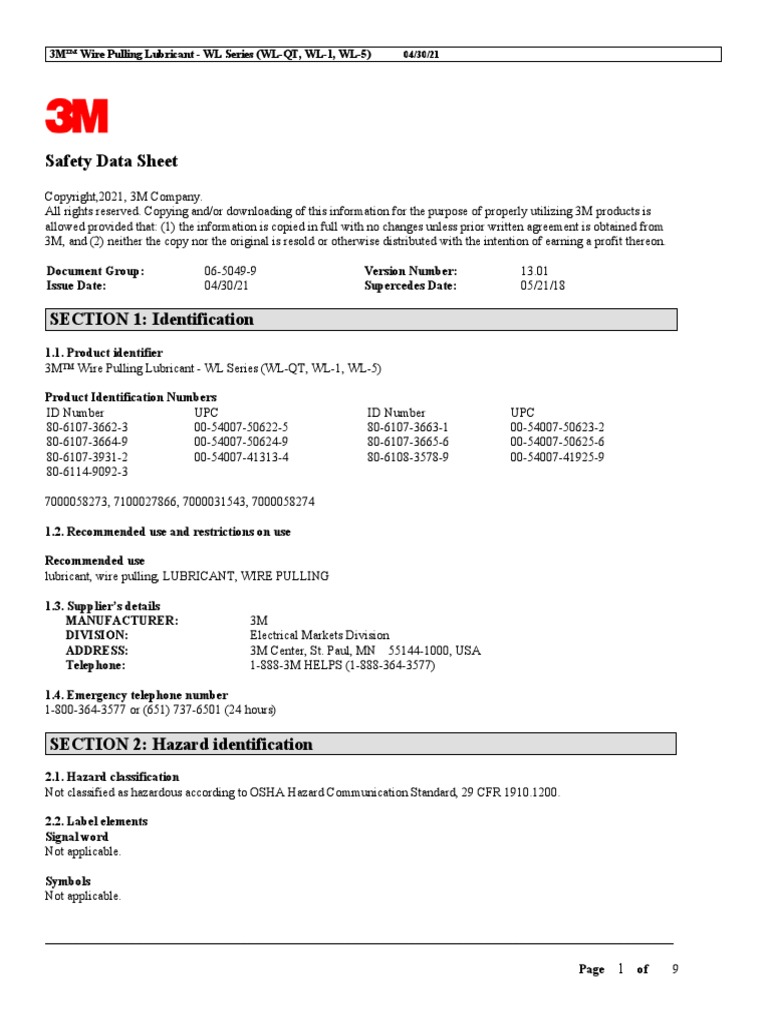 Safety Data Sheet: 3M™ Wire Pulling Lubricant - WL Series (WL-QT, WL-1 ...