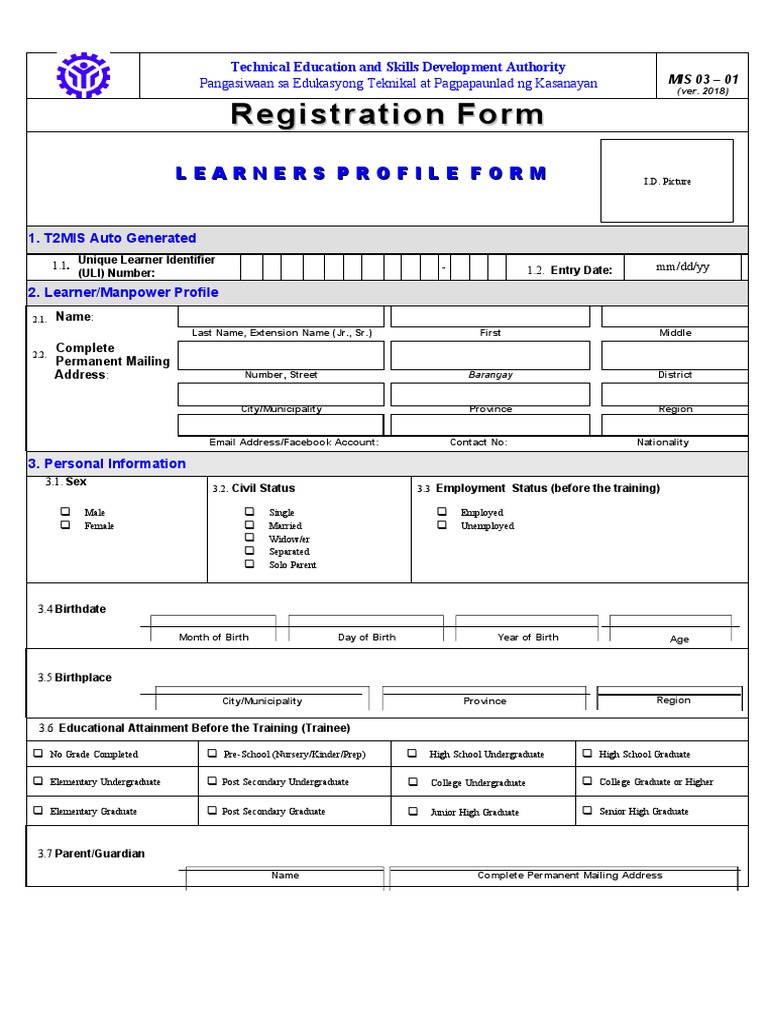 TESDA Registration Form | PDF | Disability | Students