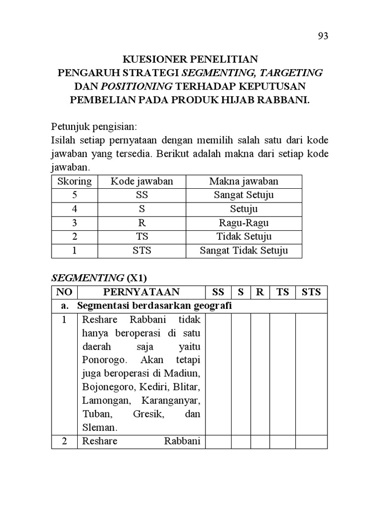 A5 Kuesioner Penelitian Lampiran Edit | PDF