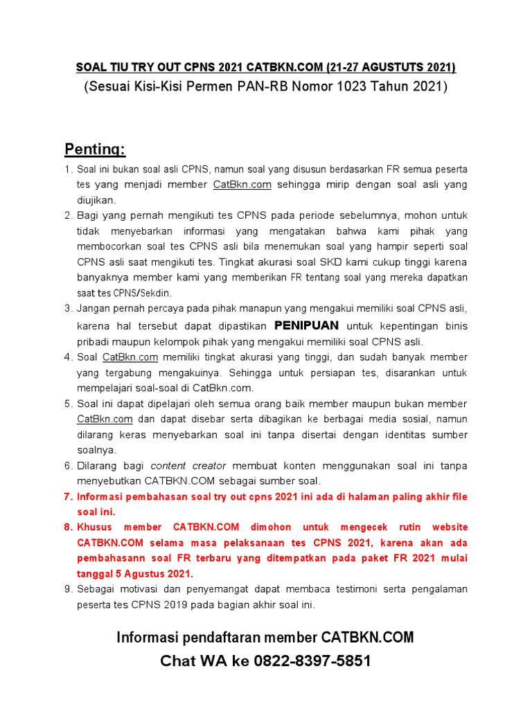 Soal Tiu Try Out Cpns 2021 Kedua Catbkn Dotcom (Shared) | PDF