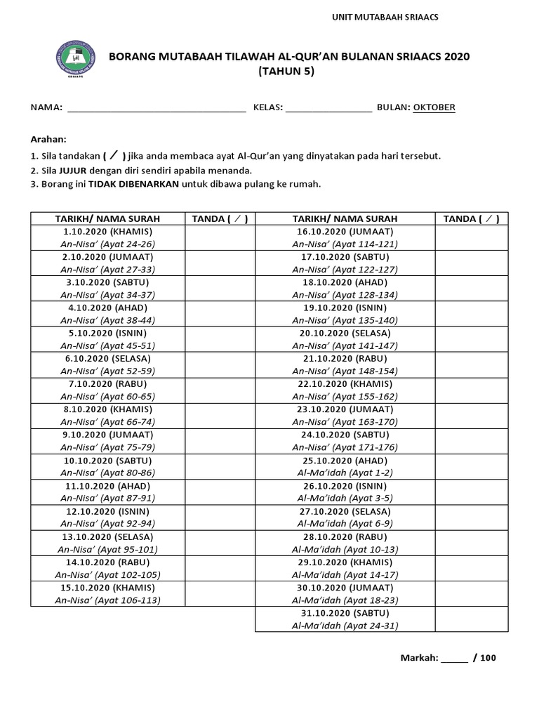 T5 Borang Mutabaah Tilawah Al-Qur'an Bulanan SRIAACS 2020 (Tahun 5 ...