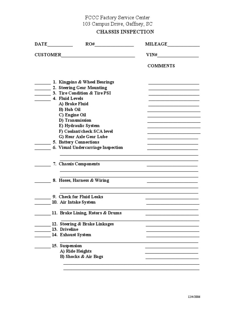 Chassis Inspection Checklist Template | PDF | Brake | Steering