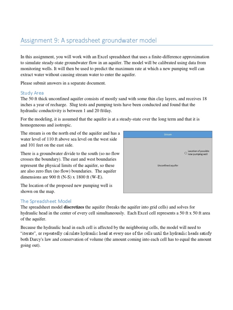 Assignment 9: A Spreadsheet Groundwater Model: Study Area | PDF | Aquifer | Groundwater