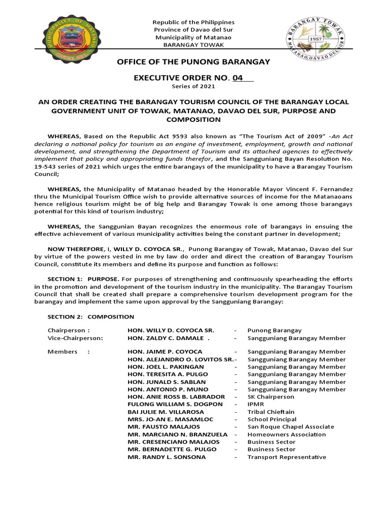 Office of The Punong Barangay Executive Order No. 04 | PDF | Government