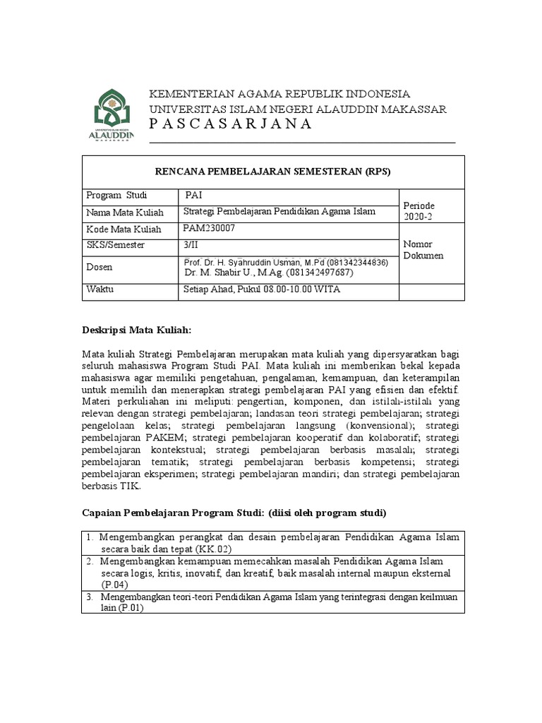 RPS Strategi Pembelajaran PAI 2020-2 | PDF
