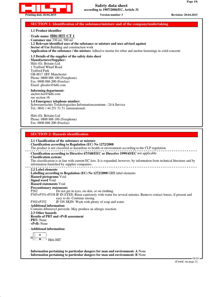 Hilti HIT-CT 1: SECTION 1: Identification of The Substance/mixture and ...