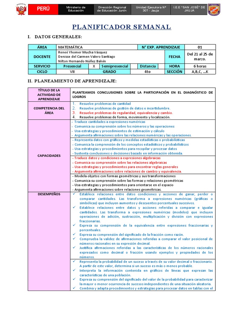 Planificador Semanal - Semana 2 - 4to Grado - Matemática | PDF ...
