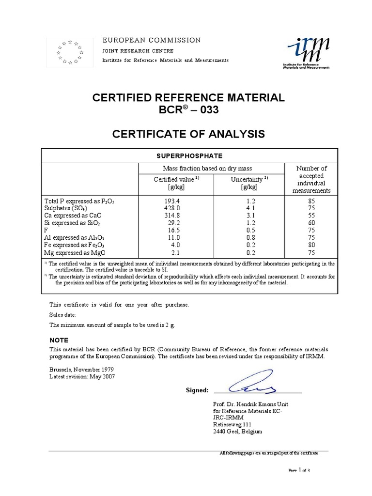 Certified Reference Material BCR - 033 Certificate of Analysis | PDF ...