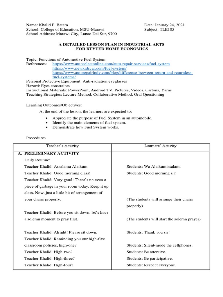 Functions of Automotive Fuel System - Khalid Batara (A Lesson Plan For ...