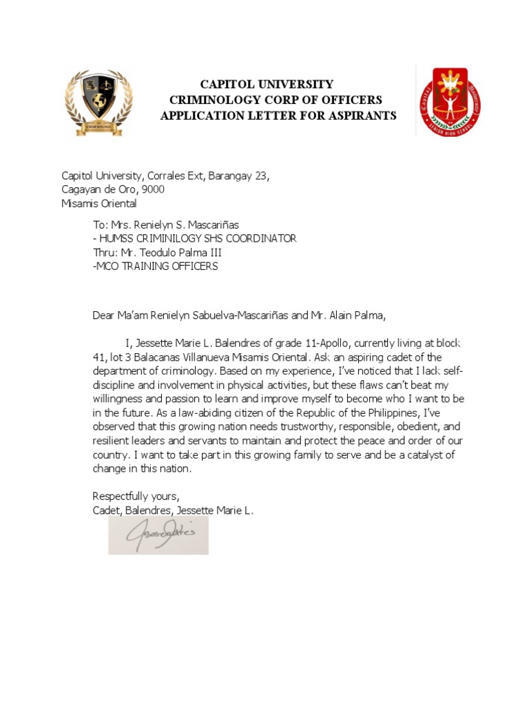 Capitol University Criminology Corp of Officers Application Letter For ...