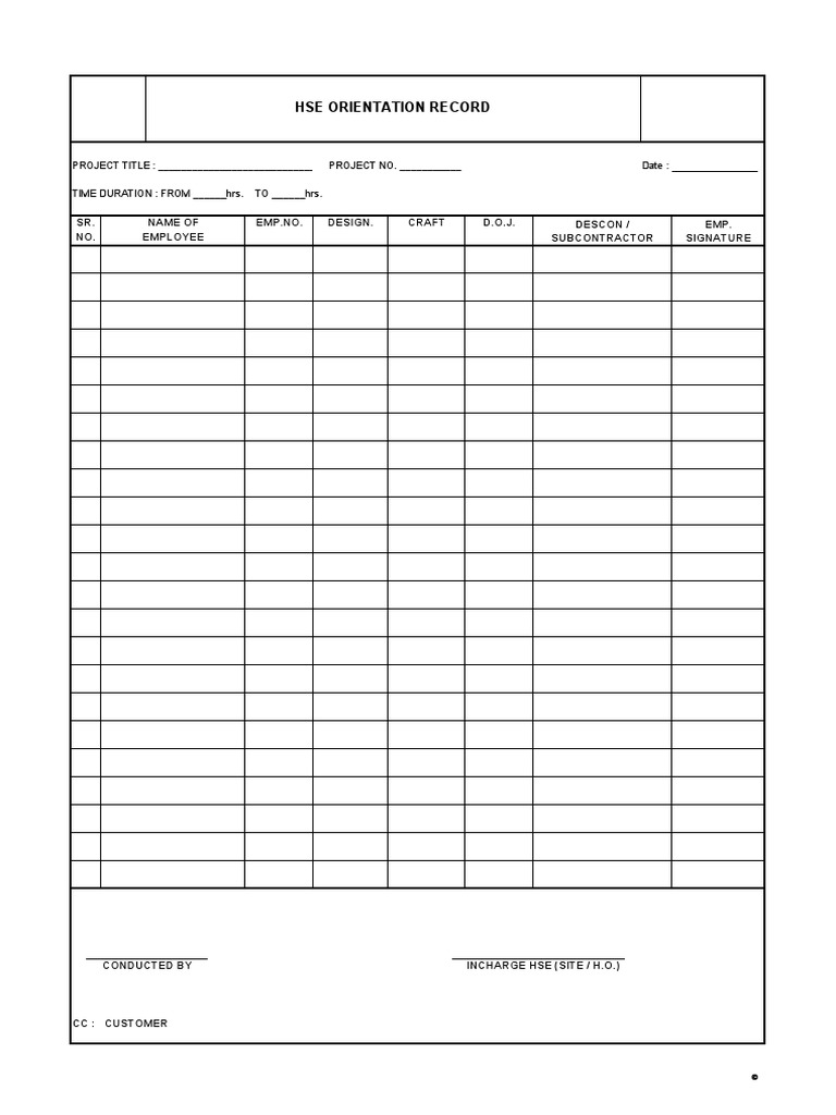 HSE FRM-01 HSE Orientation Records | PDF