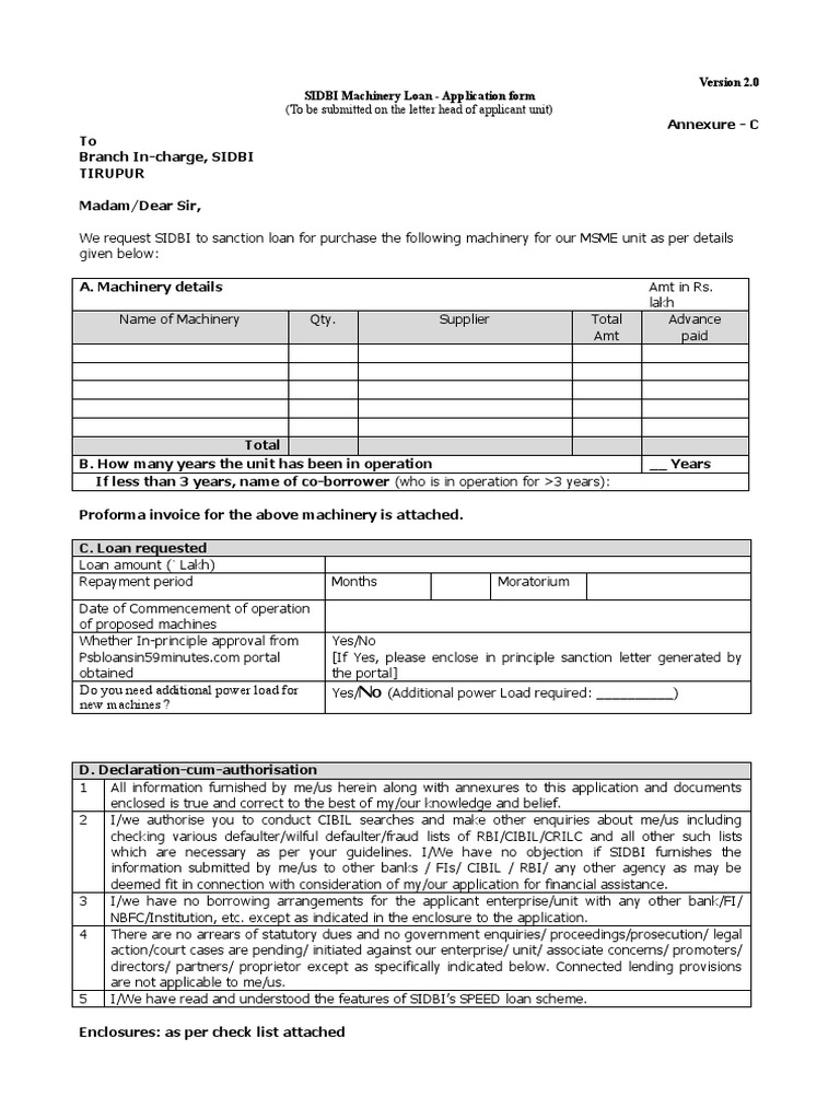 SIDBI MSME Application Form | PDF | Loans | Banking