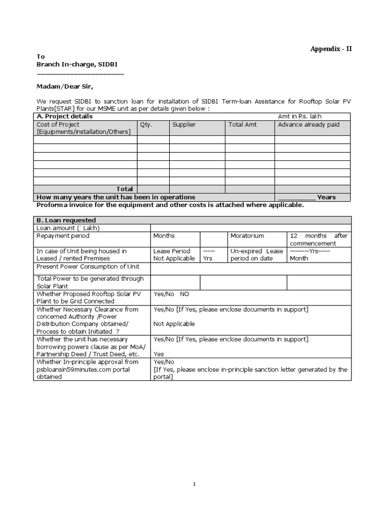 Loan (Solar) Application Form - Sidbi | PDF | Loans | Signature