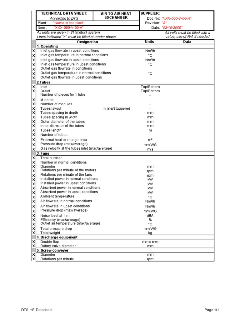 DTS - Air To Air Heat Exchanger Data Sheetxls | PDF | Gases | Heat ...