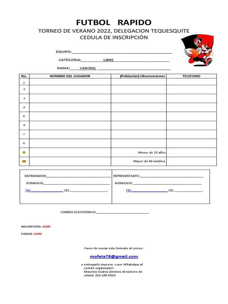 Cedula Inscripcion Futbol Rapido | PDF