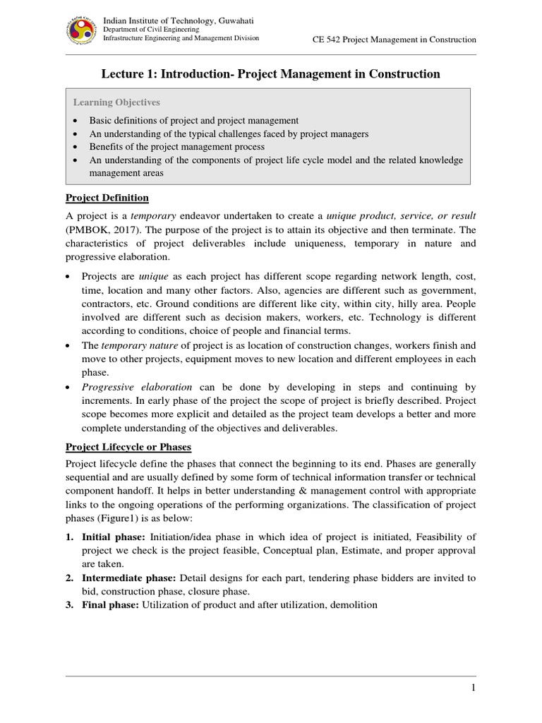 Iit Guwahati Ce Project Management Lecture 1 Introduction Pdf