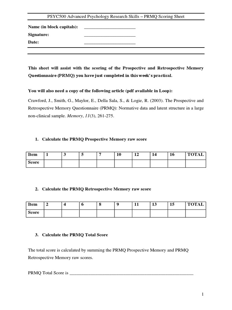 PSYC500 Report 3 PRMQ Scoring Sheet | PDF