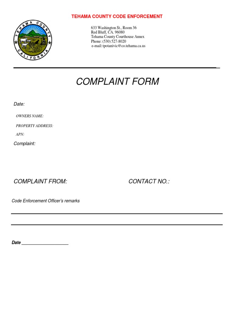 Complaint Form: Tehama County Code Enforcement | PDF