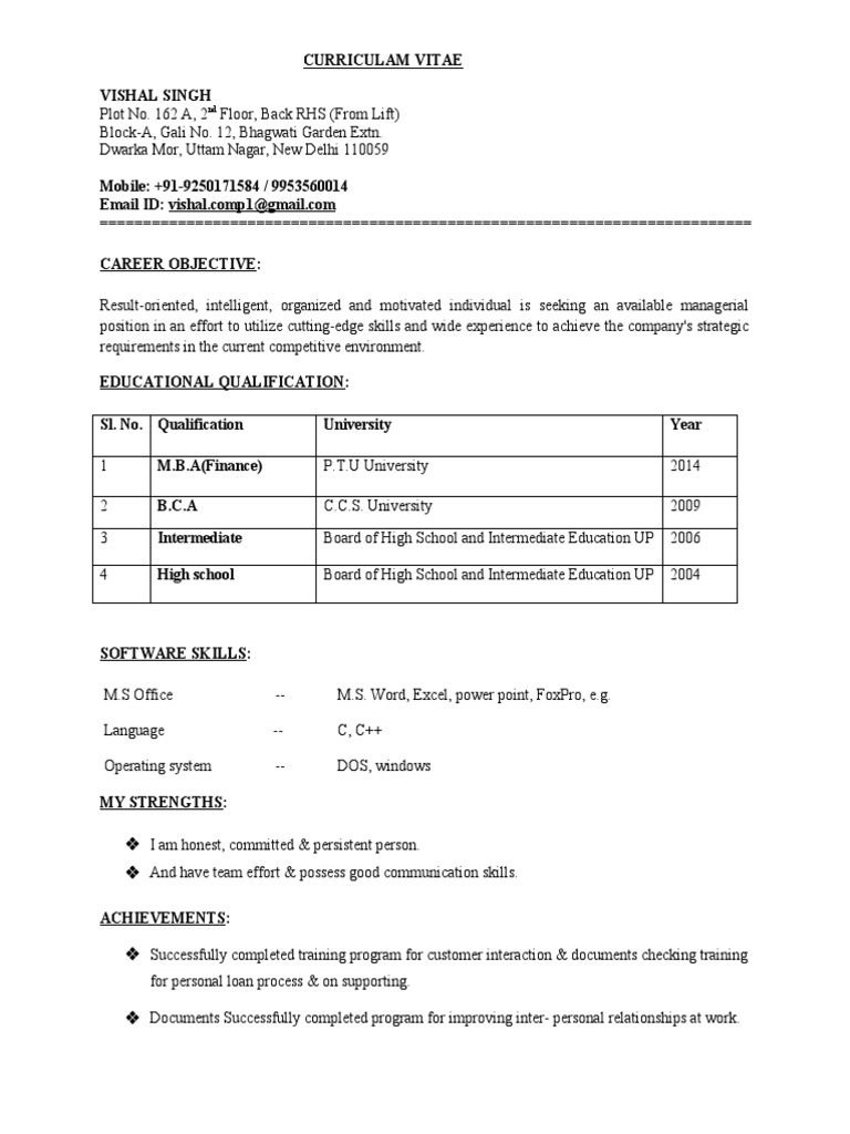 Resume Vishal Singh | PDF | Banks | Databases
