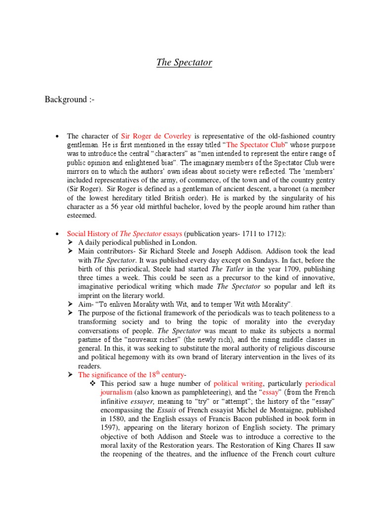 The Spectator: Background | PDF | Essays | Etiquette