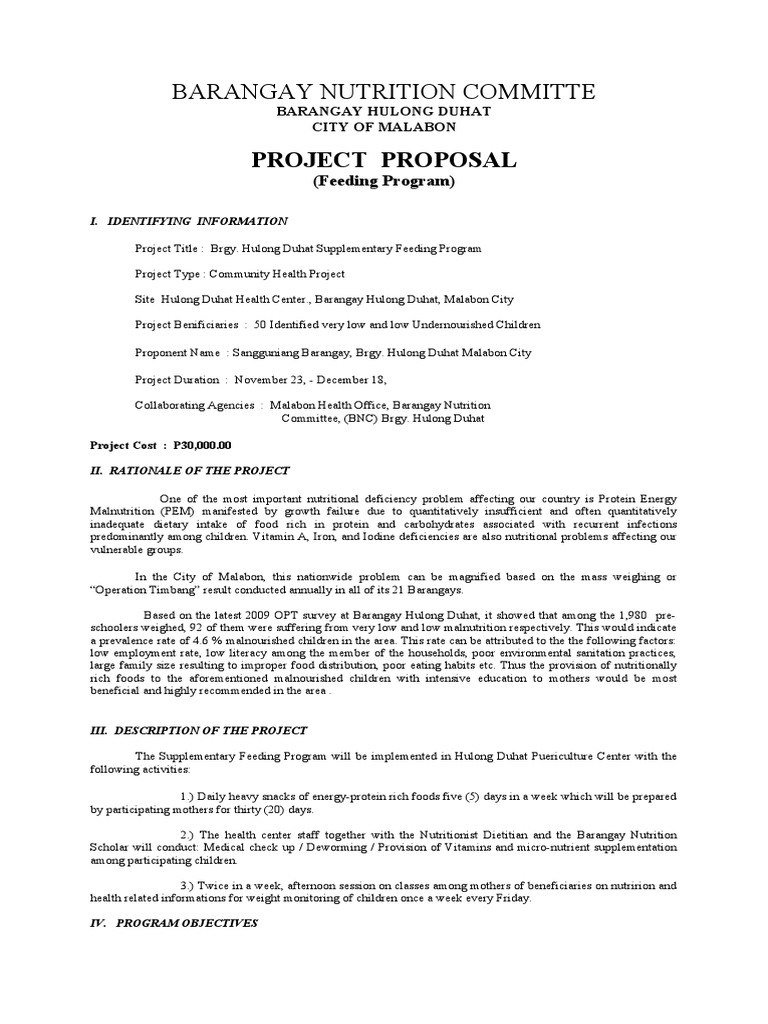 Barangay Nutrition Committe: Project Proposal | PDF | Malnutrition ...