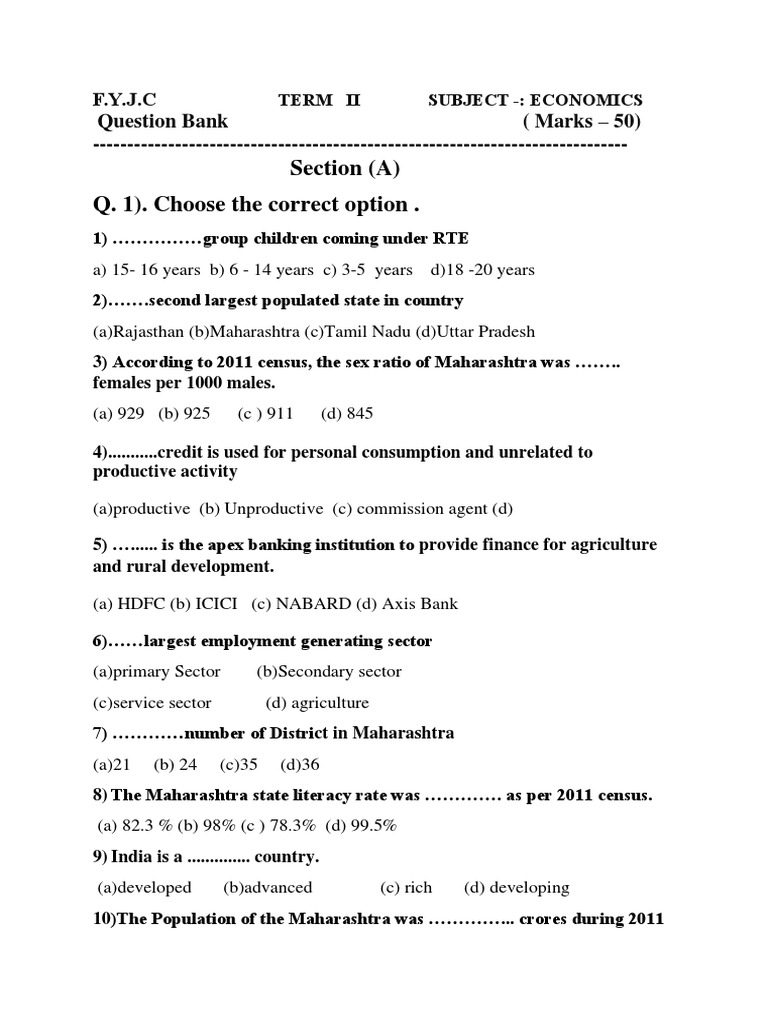 FYJC Eco TERM II Question Bank 50 Marks | PDF | Money | Economics