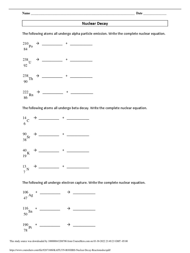 Nuclear Decay Reactions Worksheet | PDF | Radioactive Decay | Atomic ...