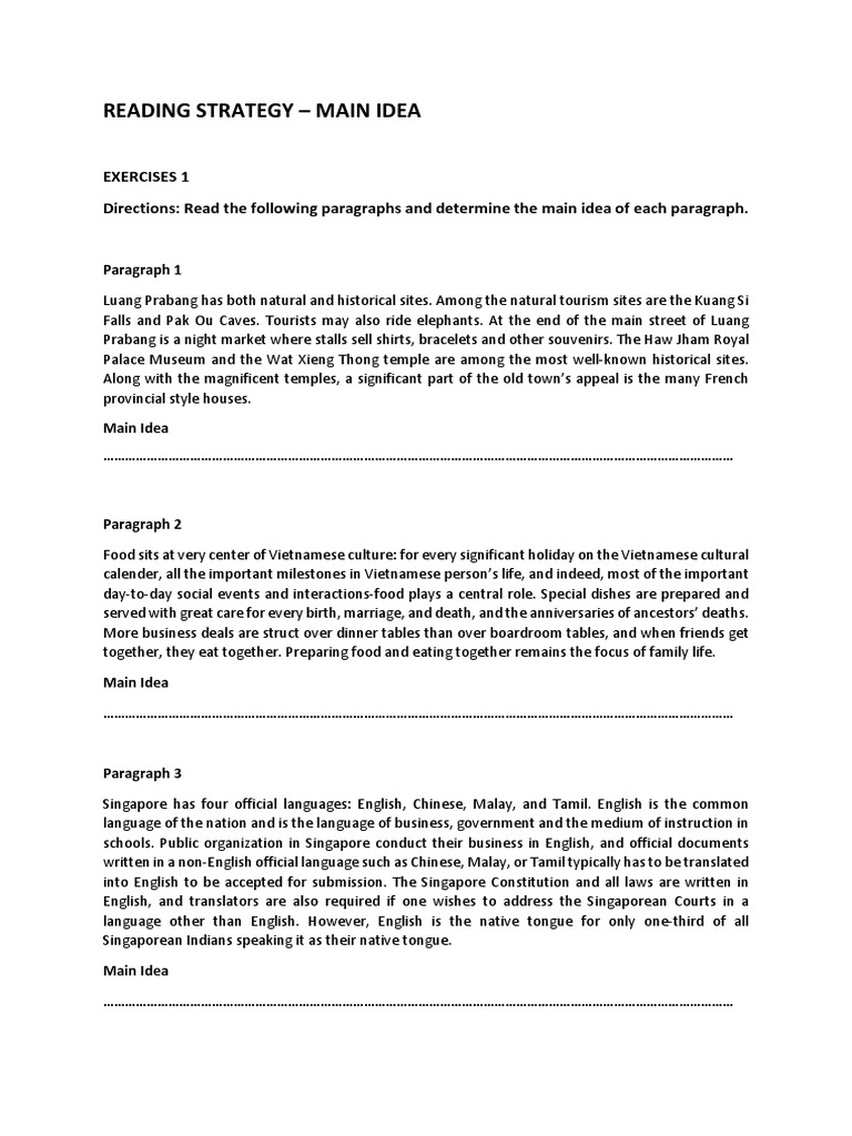 Reading Strategy - Main Idea Exercise 300322 | PDF | Languages Of ...