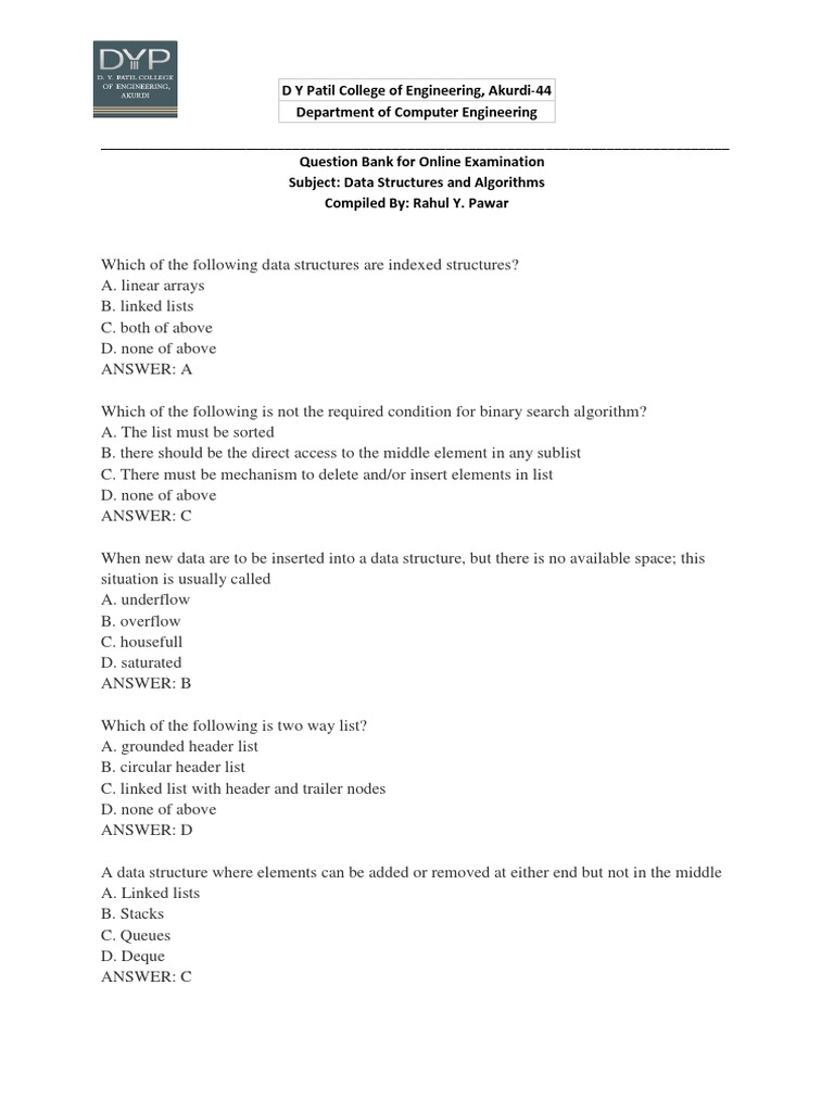 Data Structure Mcq Pdf Array Data Structure Pointer Computer Programming