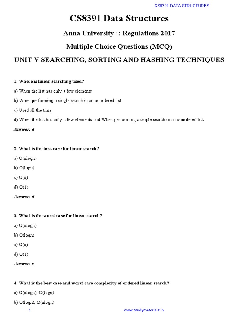 Unit 5 MCQ | Download Free PDF | Time Complexity | Array Data Structure