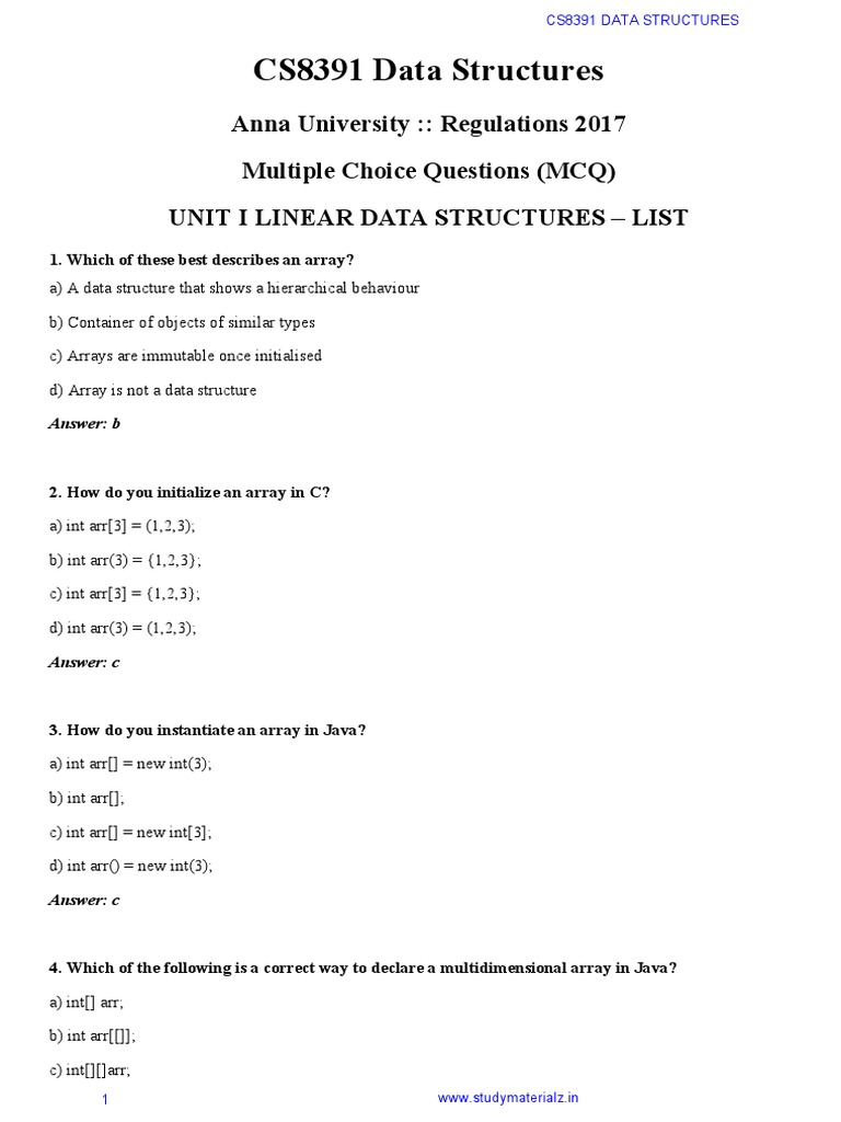 Unit 1 MCQ | PDF | Array Data Structure | Computer Science