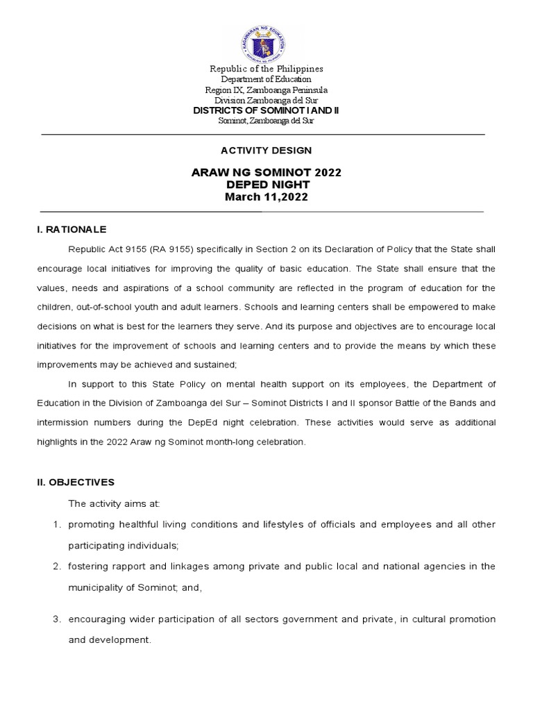 Activity Design-2022-Araw-Ng-Sominot-2022-Deped Night | PDF