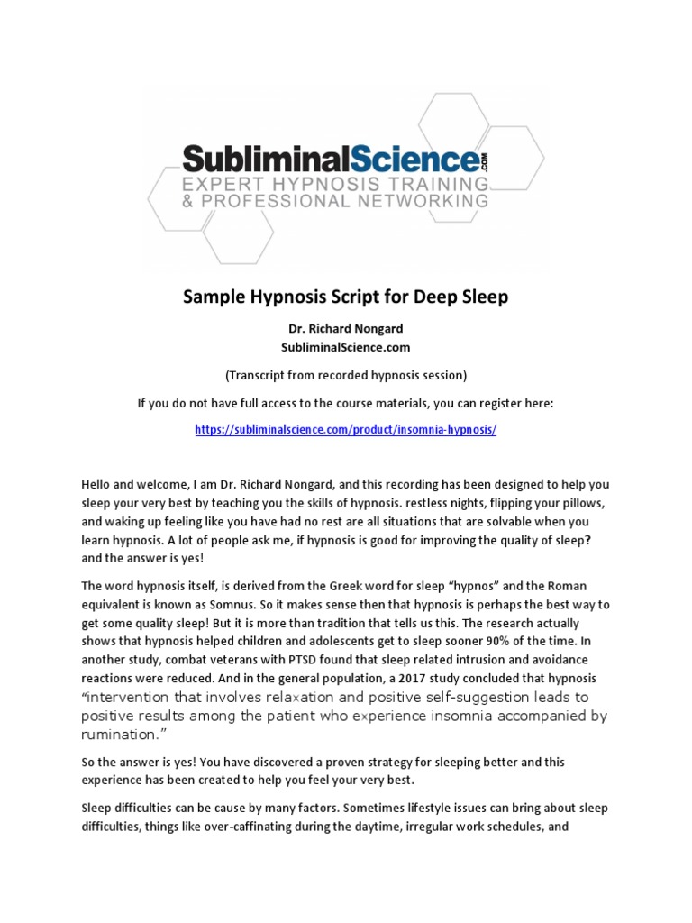 Sample Hypnosis Script For Deep Sleep: Dr. Richard Nongard | PDF ...