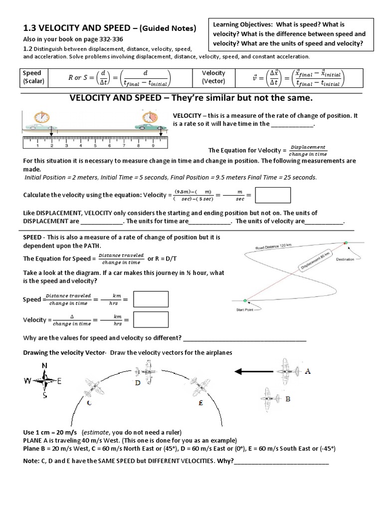 1.3 Velocity and Speed: - (Guided Notes) | PDF | Velocity | Speed