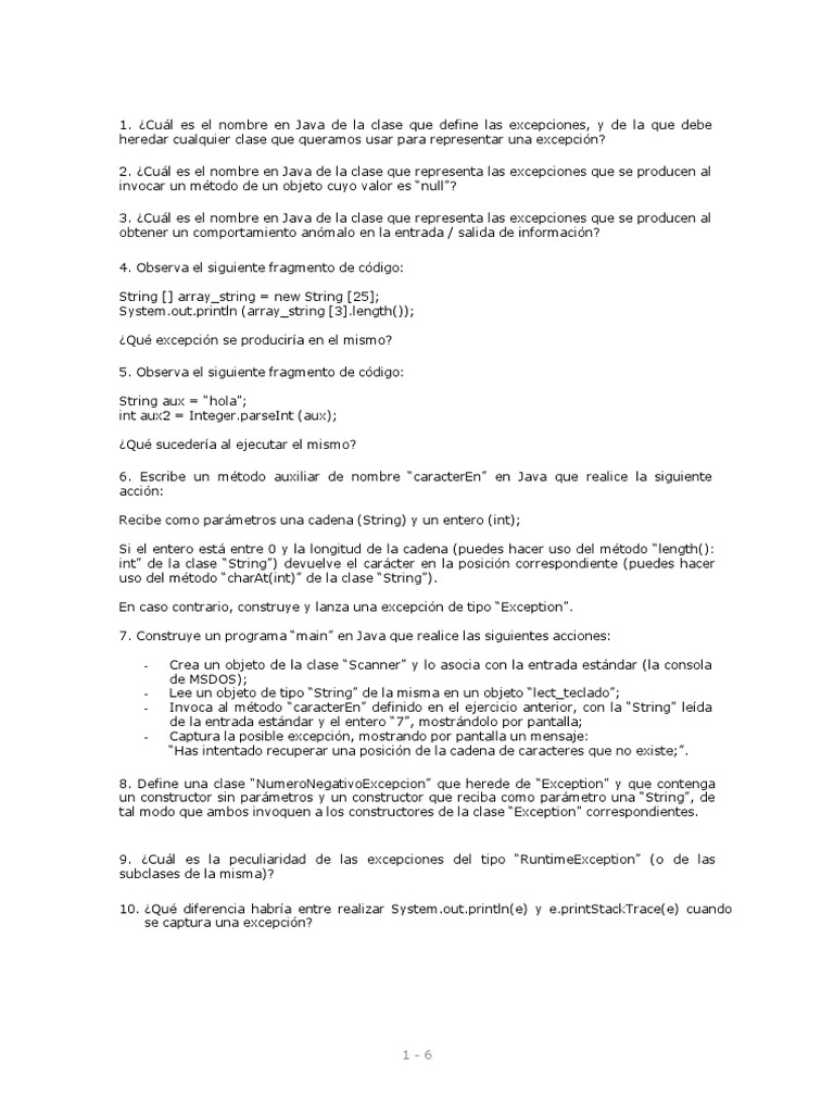Cuestiones Excepciones | PDF | Java (lenguaje de programación) | Método (programación de ...