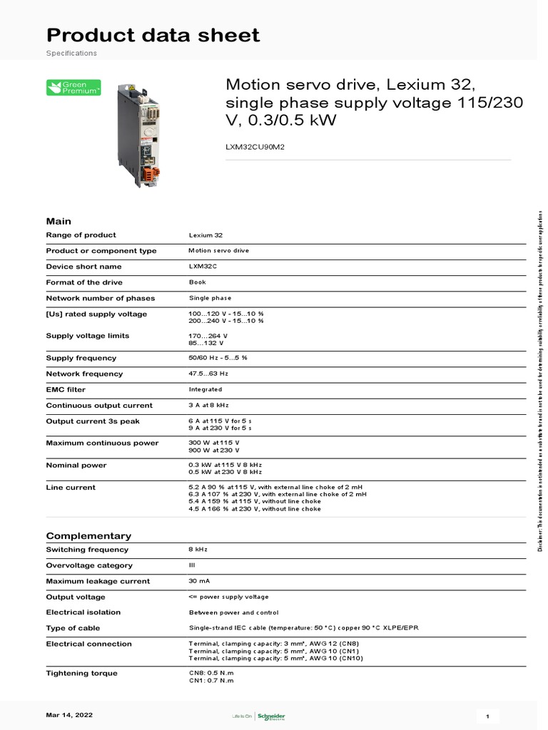 Product Data Sheet: Motion Servo Drive, Lexium 32, Single Phase Supply ...