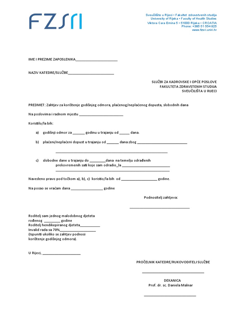 GODISNJI ODMOR Obrazac | PDF