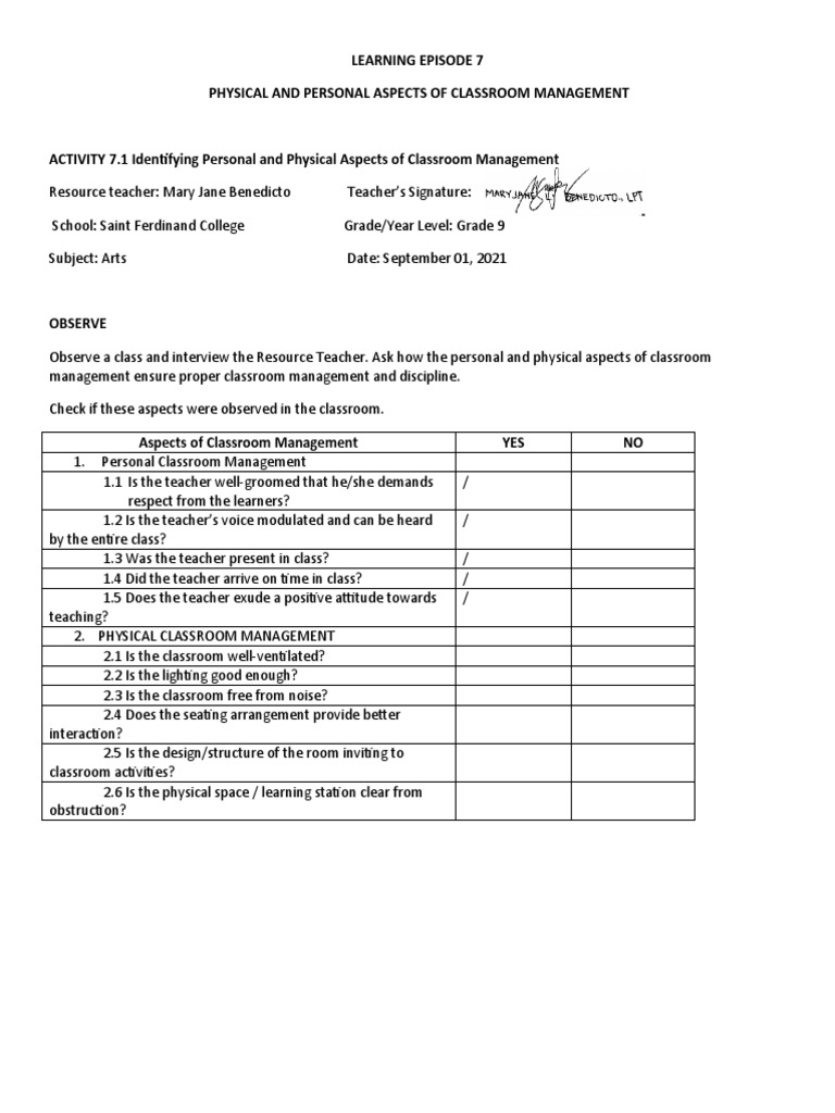 Learning Episode 7 Physical and Personal Aspects of Classroom ...