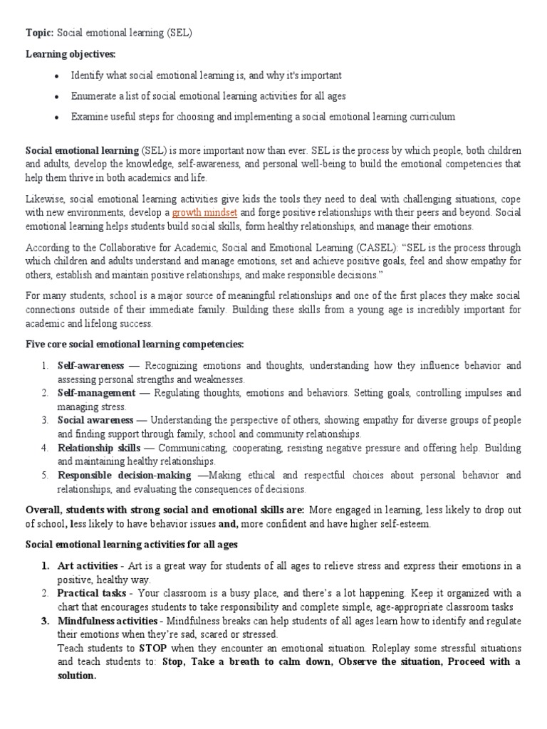 Growth Mindset: Topic: Social Emotional Learning (SEL) Learning ...