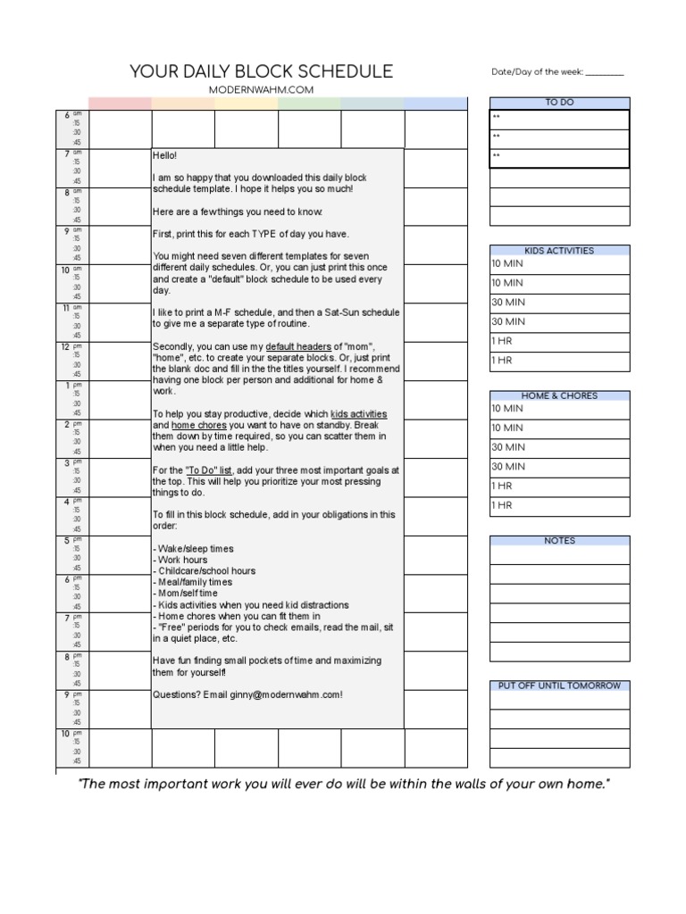Daily Block Schedule Template | PDF