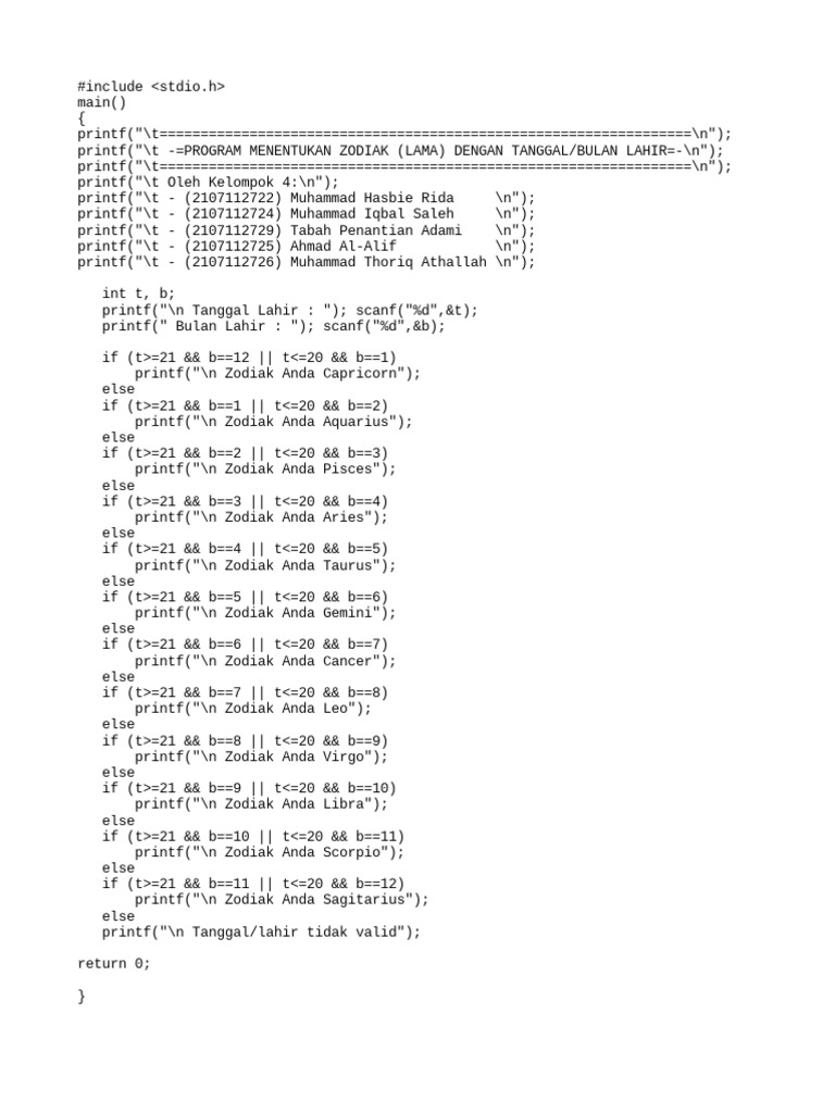 Program C - Menentukan Zodiak (Lama) Dengan Tanggal & Bulan Kelahiran | PDF