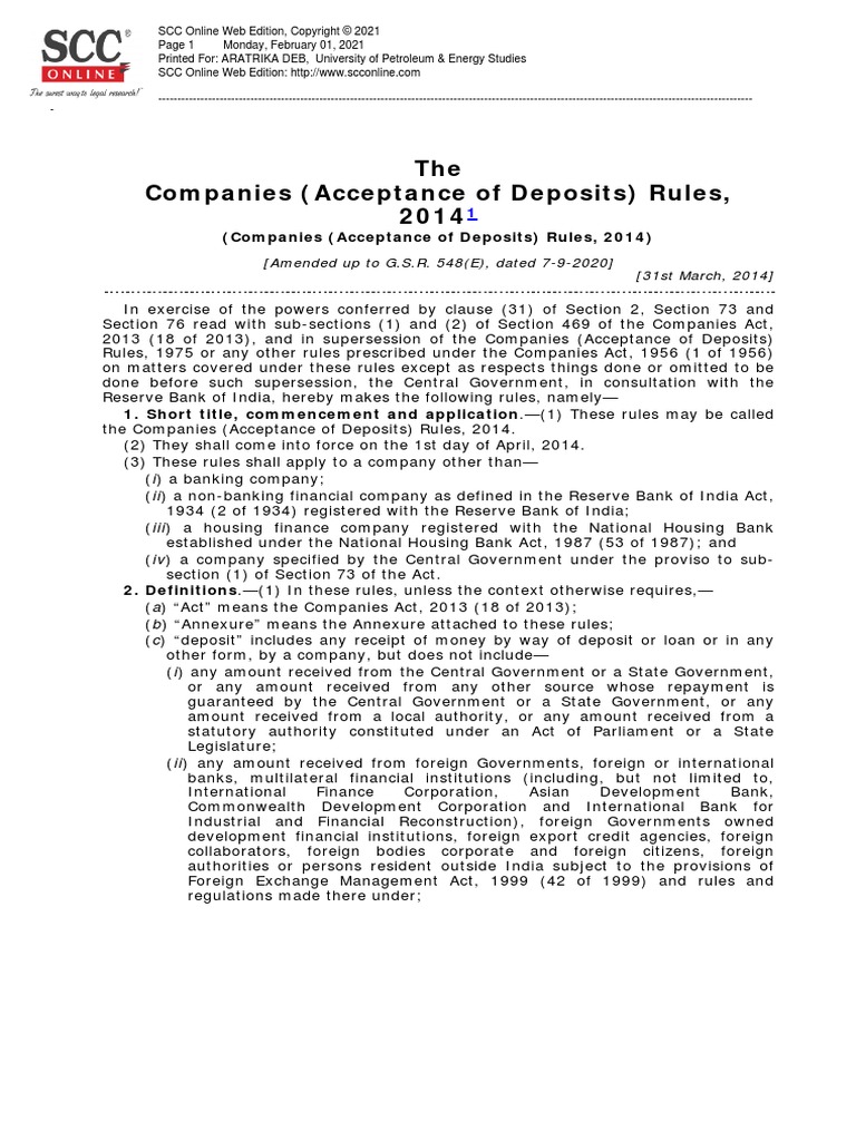 Companies (Acceptance of Deposits) Rules 2014 | PDF | Banks | Loans