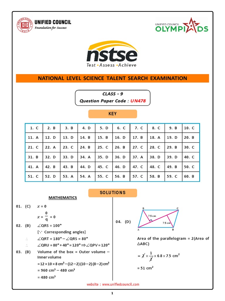 CL 9 Nstse 2022 Paper 478 Key | PDF | Mole (Unit) | Water