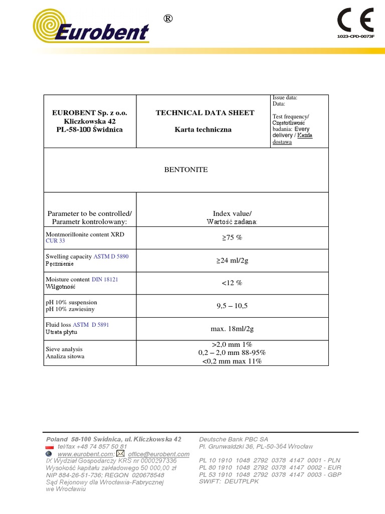 Ficha Técnica - Bentonite em Pó Eurobent | PDF