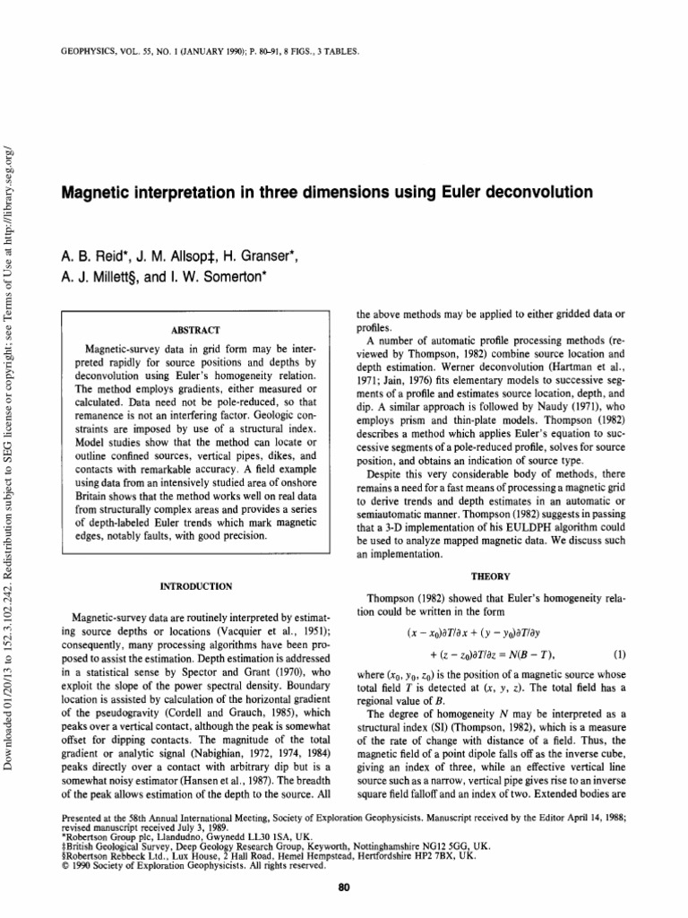 Magnetic Interpretation In Three Dimensions Using Euler Deconvolution