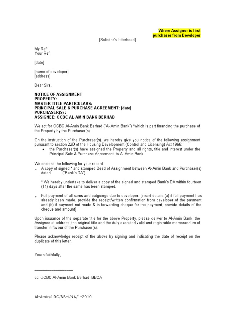 Notice of Assignment to OCBC Al-Amin | PDF | Assignment (Law) | Payments