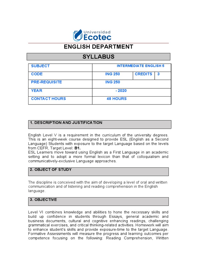 English Department Syllabus: Subject Code ING 250 Credits 3 Pre ...