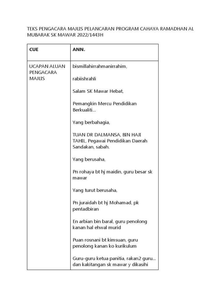 Teks Pengacara Majlis Pelancaran Program Cahaya Ramadhan Al Mubarak | PDF