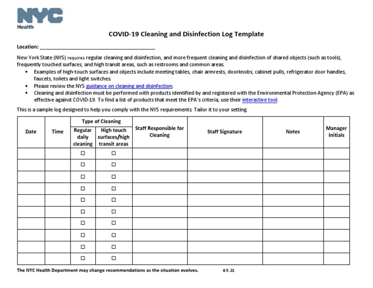 COVID-19 Cleaning and Disinfection Log Template: Location | PDF